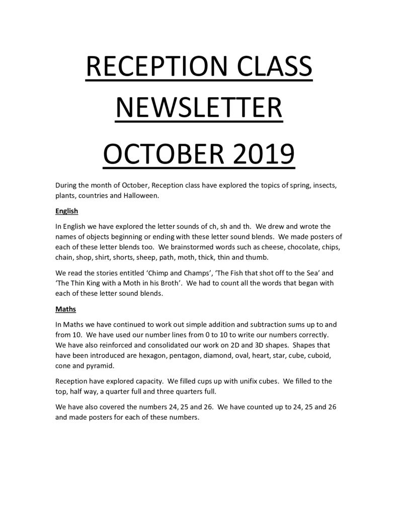 Reception Newsletter October – The International Preparatory School